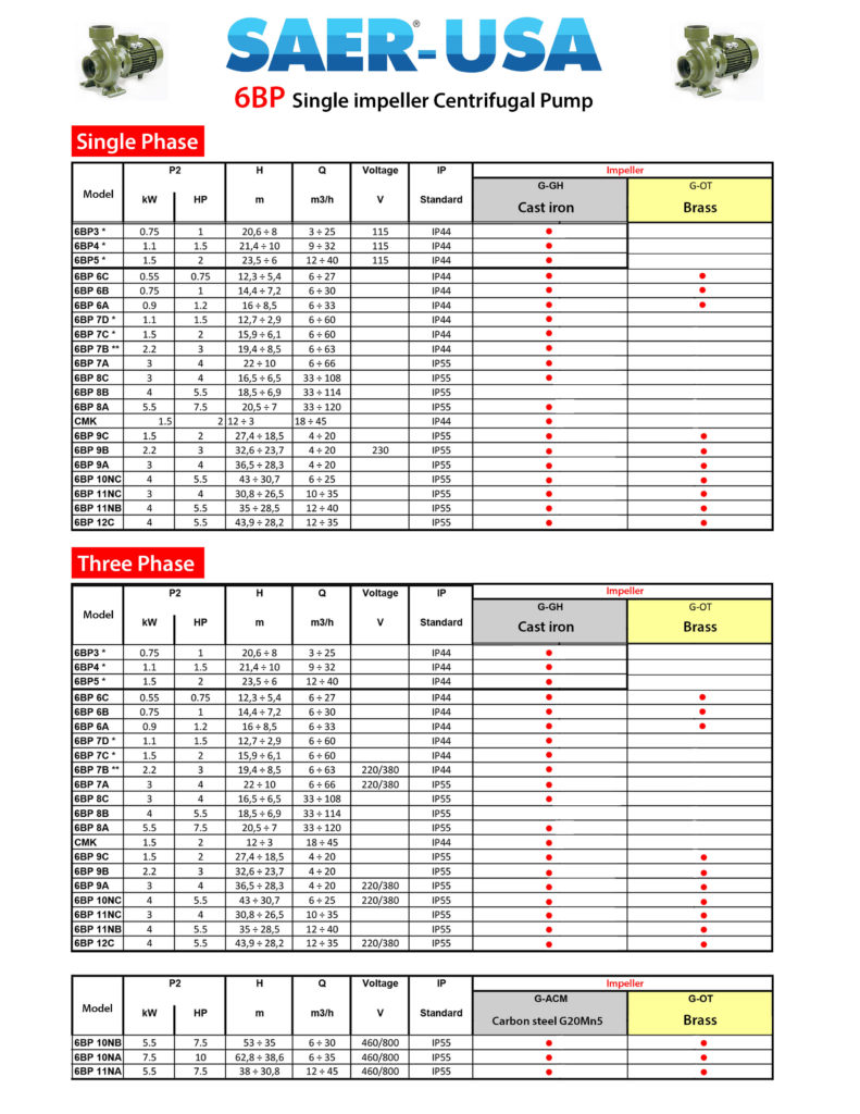 6BP Single impeller centrifugal pump-technical data-SAER-USA ...